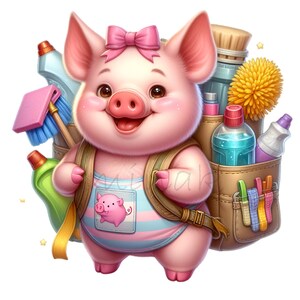 Pig Clipart PNG, 12 Watercolor Cleaning Housework Clip Art, Spring ...