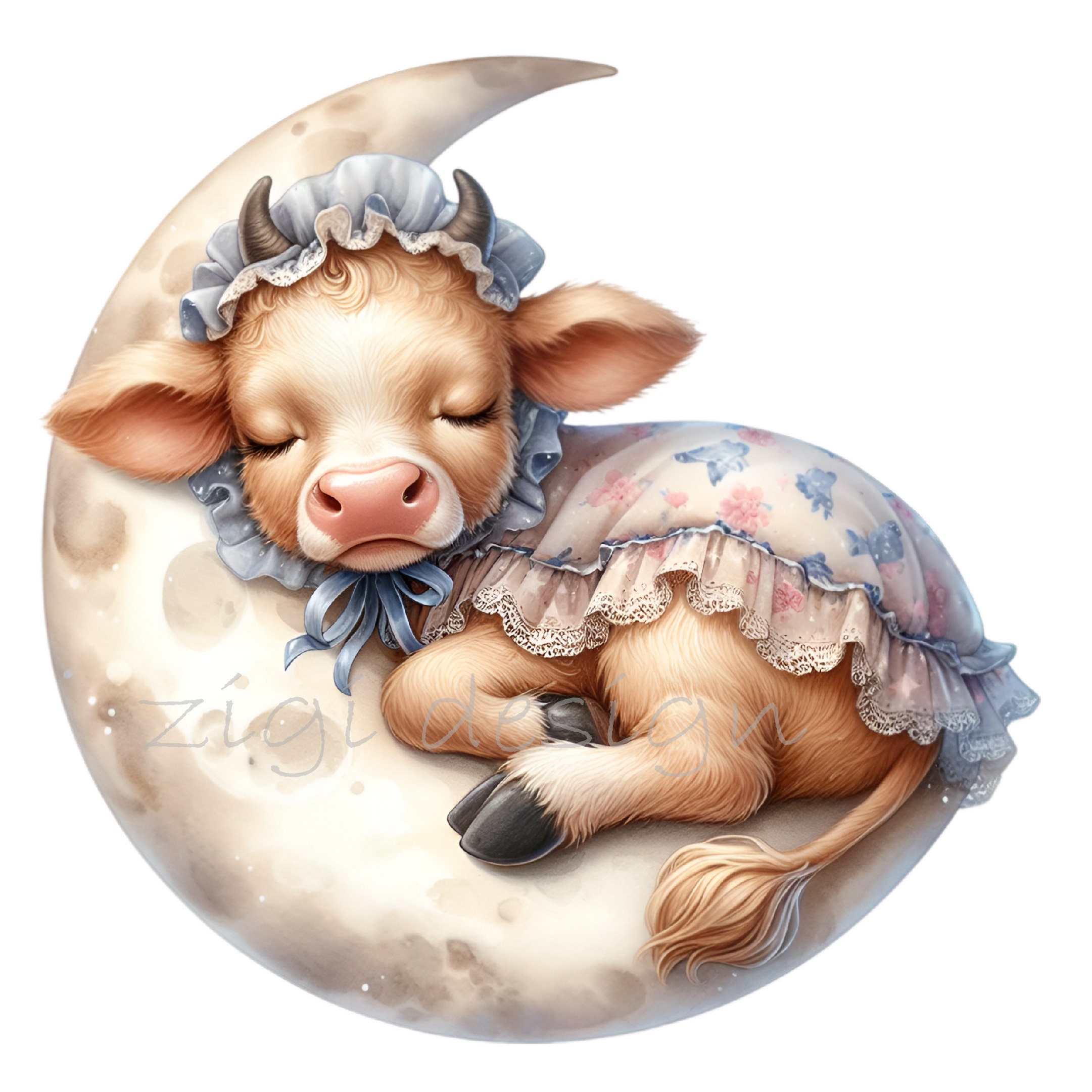 12 PNG Sleeping Baby Cow Clipart, Moon Nursery Illustration, Night Sky ...