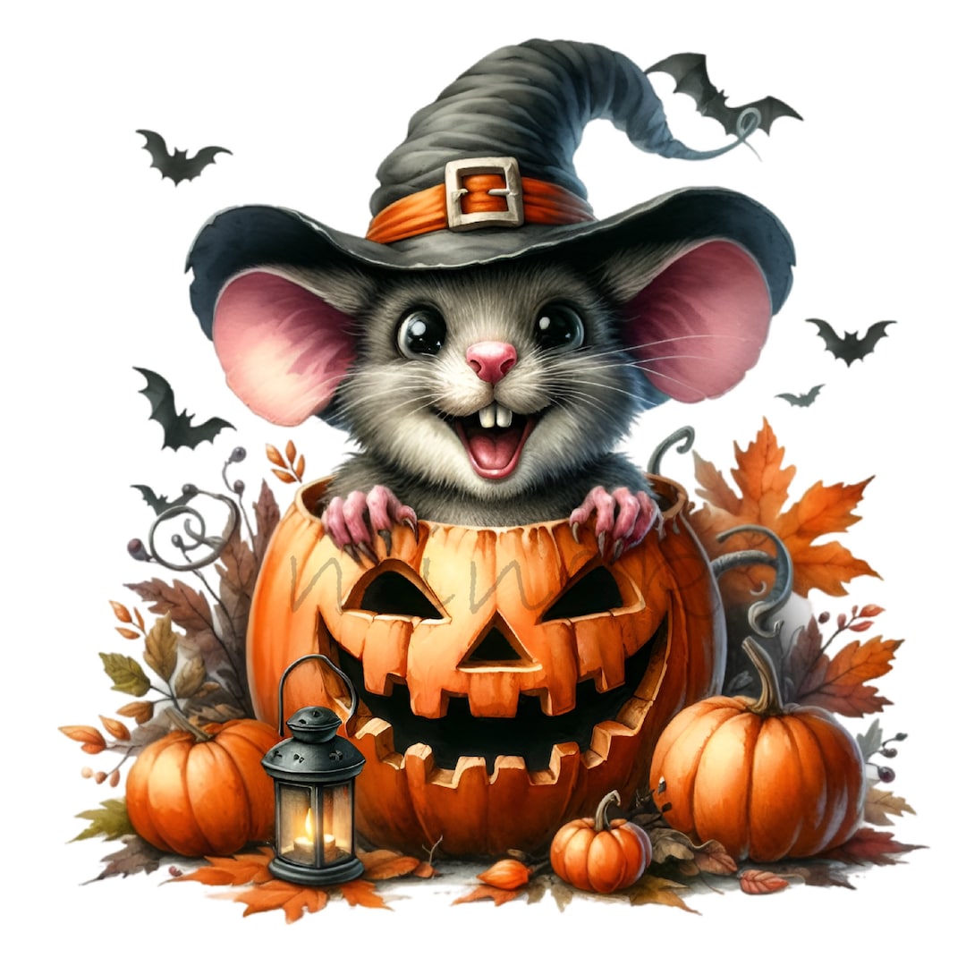 14 Halloween Mouse PNG Clipart With Witch Hat and Pumpkin, Cute Fall ...