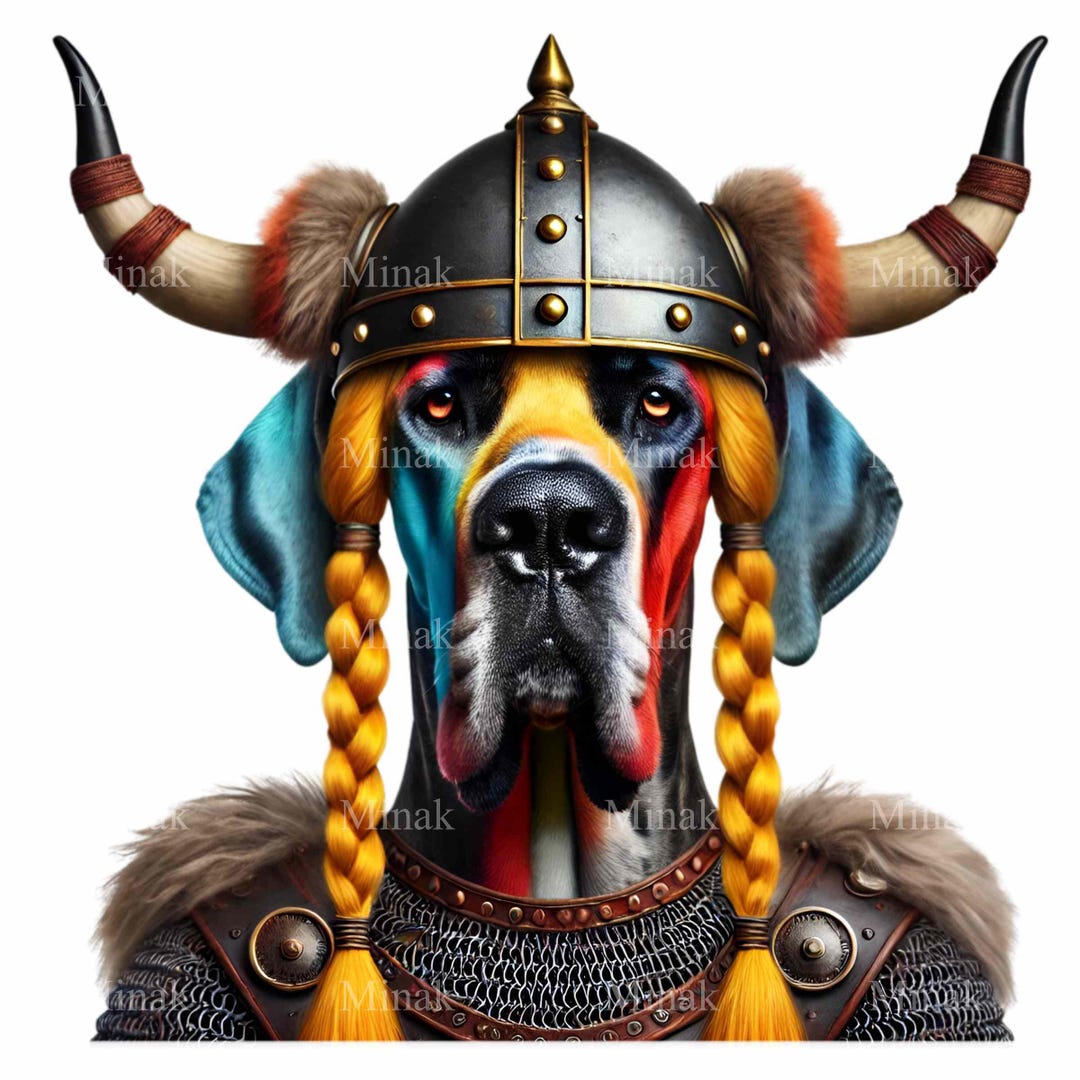 Great Dane Viking Clipart PNG 12 Colorful Viking Dog With Horned Helmet ...