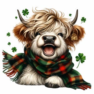 Cute Irish Cow PNG Clipart With Plaid Scarf and Shamrocks | 12 Adorable ...
