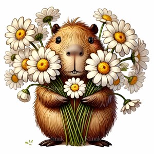 12 PNG Capybara Daisy Bouquet, Whimsical Animal Clipart, Floral Rodent ...