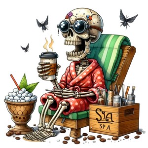 Relaxing Skeleton at Spa Clipart Quirky Skeleton in Towel With Coffee ...