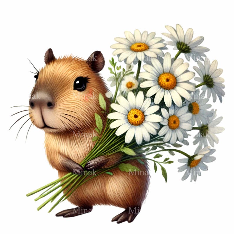 12 PNG Capybara Daisy Bouquet, Whimsical Animal Clipart, Floral Rodent ...