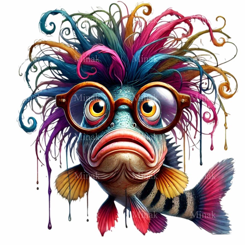11 Funny Fish PNG Clipart, Quirky Fish With Messy Hair and Glasses ...