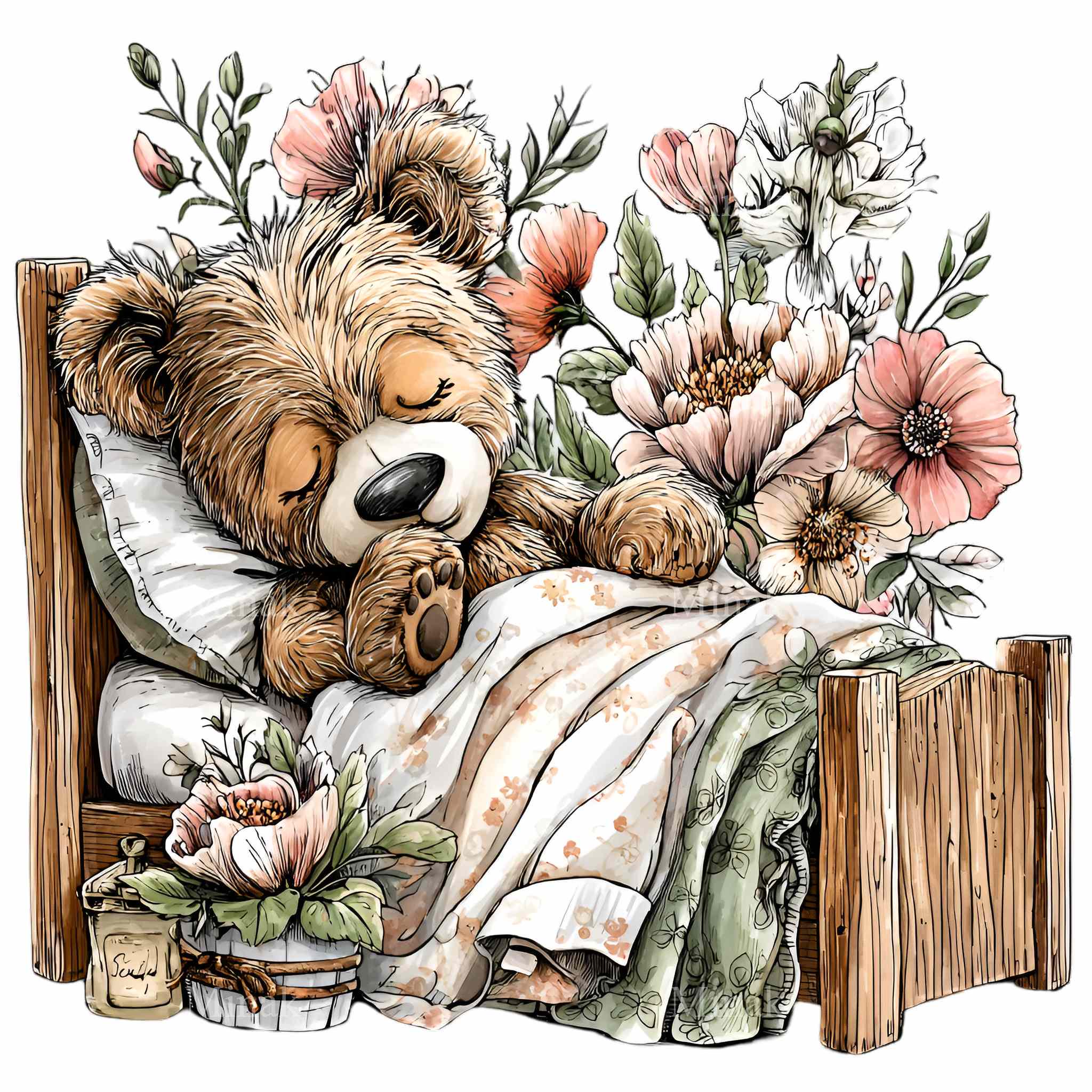 10 PNG Floral Sleeping Bear – Pink Bed PNG – Cute Bedtime Clipart for ...
