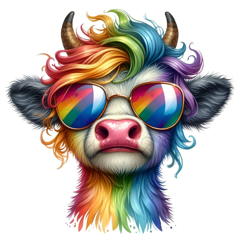 12 PNG Rainbow Cow Clipart – Colorful Sunglasses Cow Sublimation Design ...