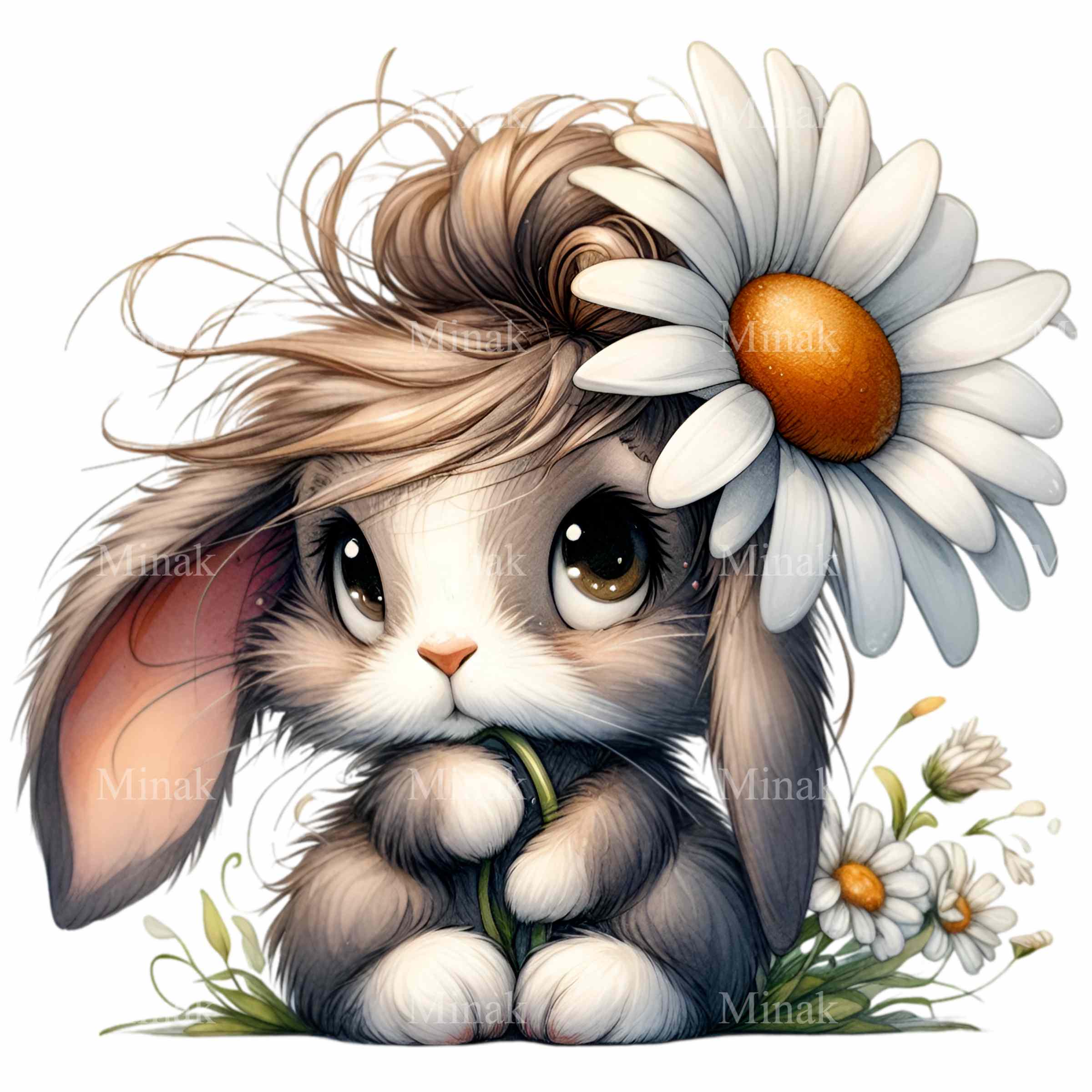 10 PNG Daisy Bunny Clipart – Spring Bunny Illustration With Big Daisy ...