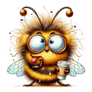 Quirky Bee Drinking Coffee 12 PNG Funny Autumn Kids Comics Cartoon ...