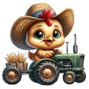 12 Farm Chicken Clipart PNG, Cute Chick With Straw Hat on Red Tractor ...