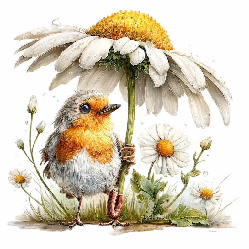 15 PNG Robin Bird Clipart, Daisy Umbrella Garden, Spring Floral ...