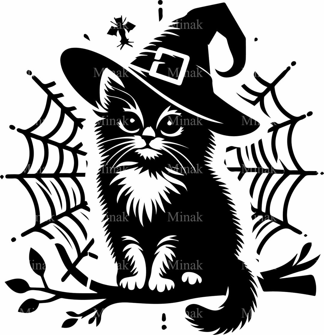 6 SVG Witch Hat Kitten SVG Cut File, Halloween Cat on Broom With Webs ...
