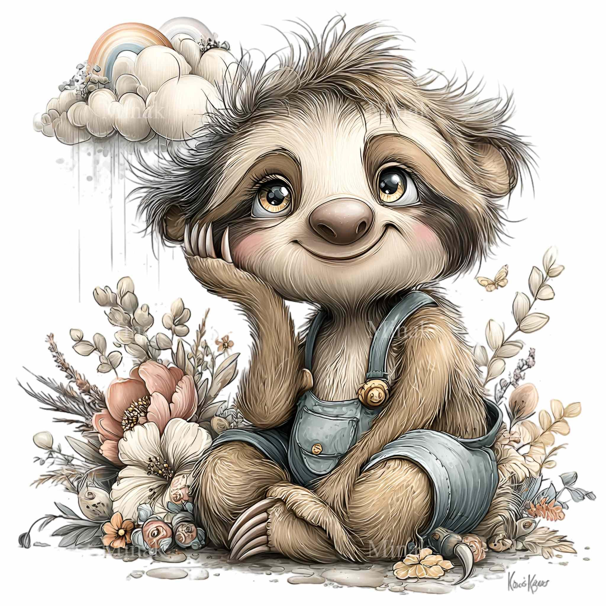 15 PNG Watercolor Sloth Clipart, Floral Rainbow Sublimation Design - Etsy