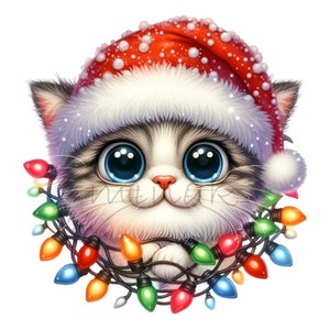 Cute Kitten With Santa Hat 10 PNG Cat Wrapped in Christmas Lights ...