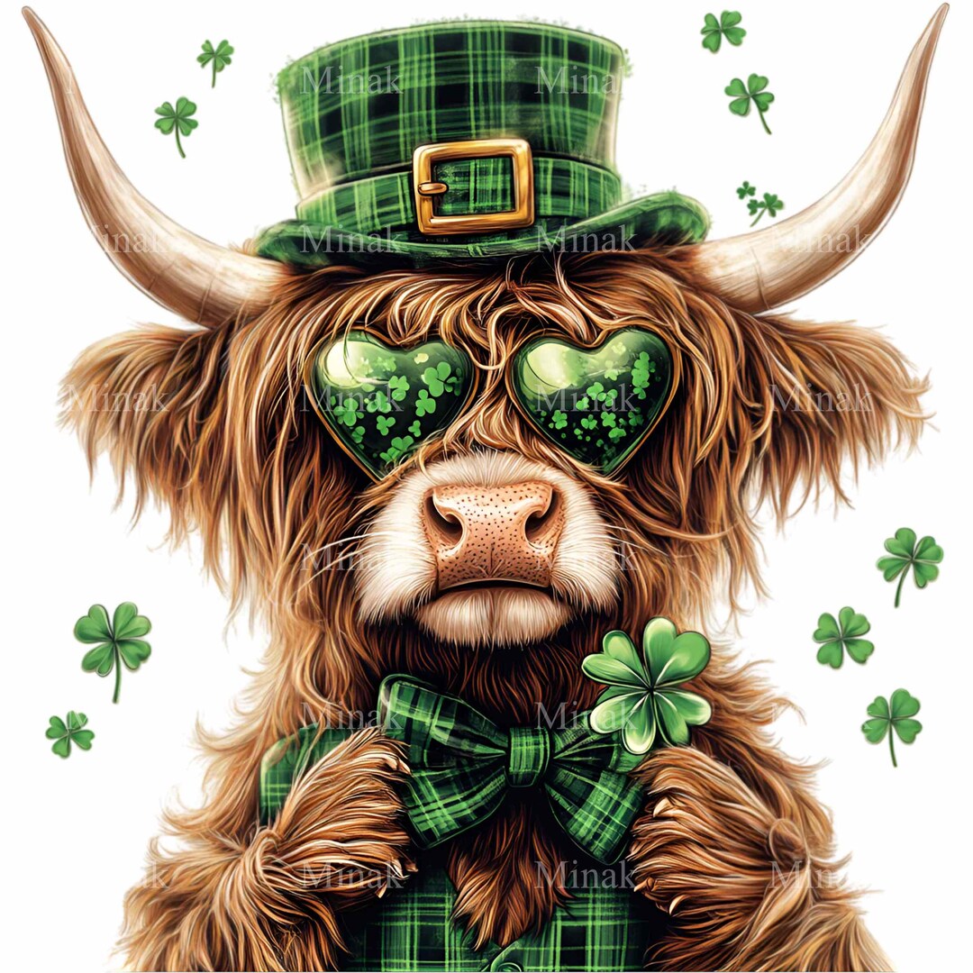 10 Irish Highland Cow PNG Clipart With Shamrock Hat and Heart Glasses ...
