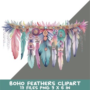 Boho Feathers Clipart Bundles, 17 PNG Watercolor Beaded Plumes Garland ...