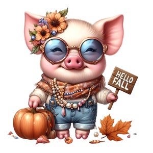 Fall Pig Clipart PNG 10 Cute Pig With Glasses, Scarf, and 'hello Fall ...