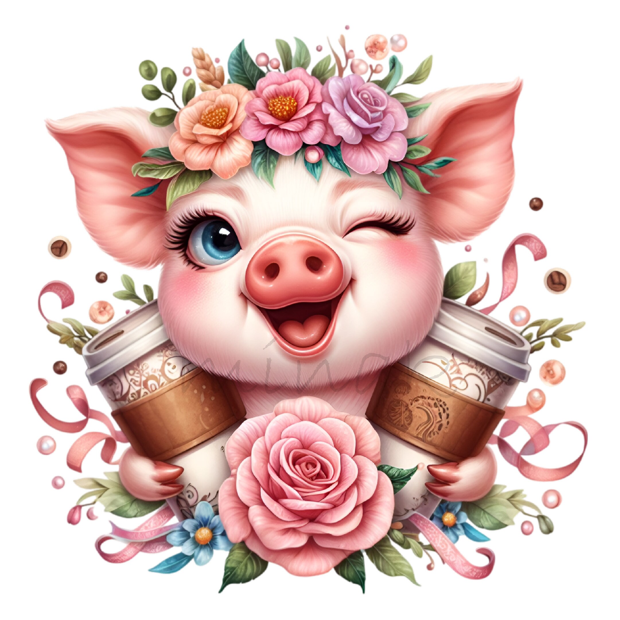 14 PNG Coffee Pig Clipart – Winking Pig With Floral Latte, Funny Farm ...