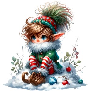 Adorable Christmas Elf in Snow Clipart PNG 14 Cute Festive Elf With ...