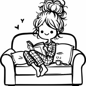 6 Relaxing Girl SVG Cut File - Girl Reading in Pajamas, Chair ...
