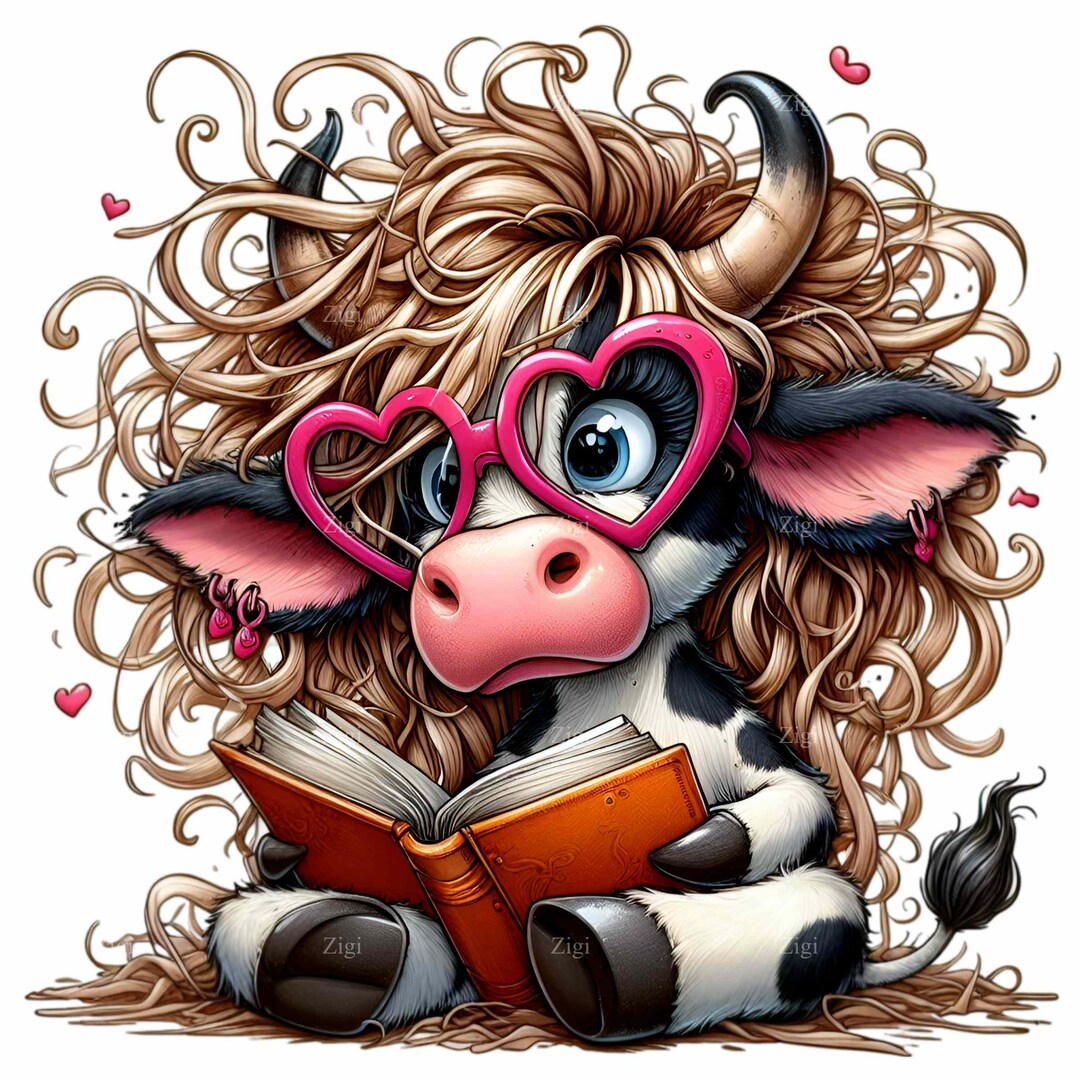 14 Reading Cow PNG Clipart - Quirky Cow With Heart Glasses, Curly Hair ...