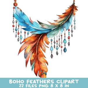 Feathers Clipart Bundles, 22 PNG Boho Watercolor Beaded Plumes Garland ...