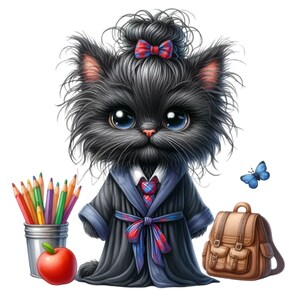 Cute Kitten School Clip Art, 10 PNG Funny Girl Cat Clipart, Teacher ...