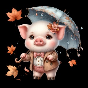 Autumn Piglet Clipart PNG, 10 Cute Pig With Umbrella and Fall Leaves ...
