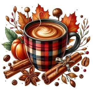 Plaid Fall Coffee Cup Clipart PNG - 15 Autumn Latte With Cinnamon ...