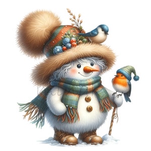 Cute Snowman Clipart With Bird, Winter Hat and Scarf Illustration, 14 ...