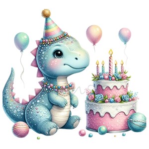 Cute Birthday Dinosaur Clipart, 14 Party Dino With Cake and Balloons ...