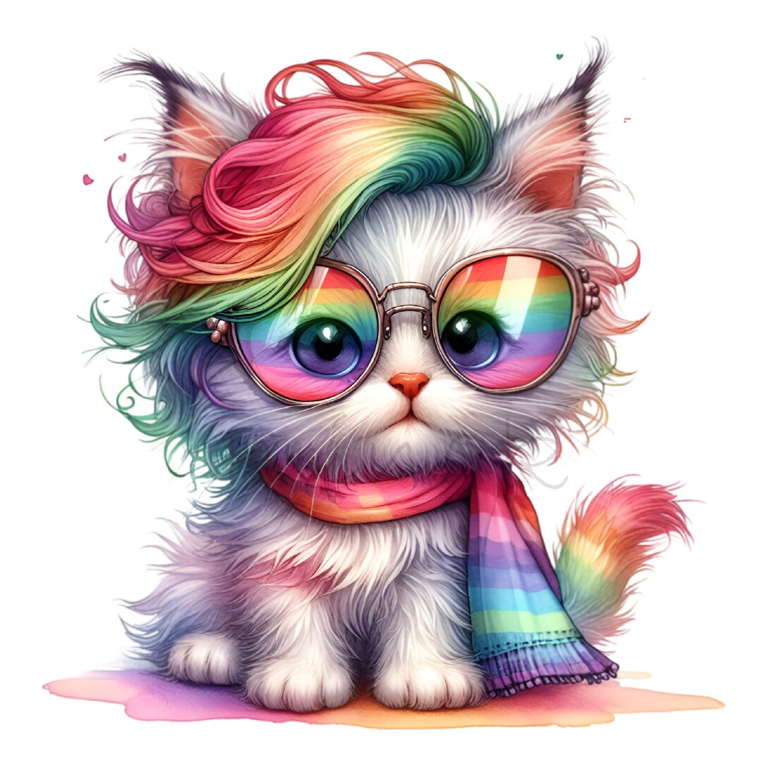 12 PNG Rainbow Cat Clipart, Watercolor Kitten With Glasses, Pride Scarf ...