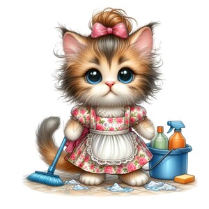 Cleaning Cat Clipart PNG 14 Adorable Kitten With Mop and Toilet ...