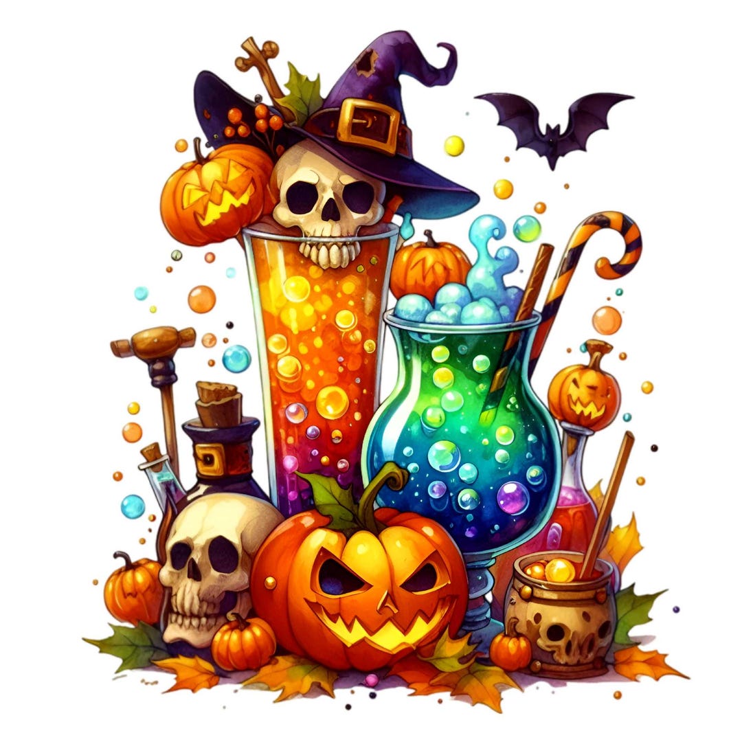 Halloween Potion Drinks With Skulls and Pumpkins Watercolor Clipart 14 ...