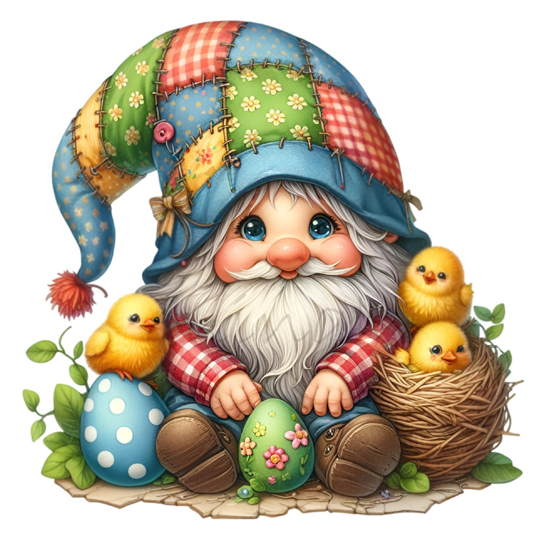 12 Easter Gnome Clipart With Patchwork Hat and Chicks, Cute Digital PNG ...