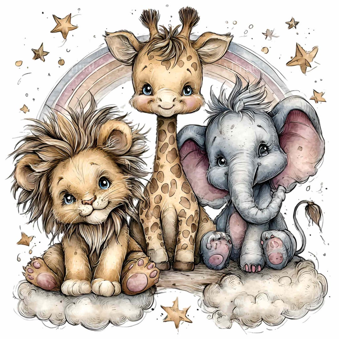 12 PNG Safari Baby Animals Clipart – Lion Giraffe Elephant PNG – Jungle ...