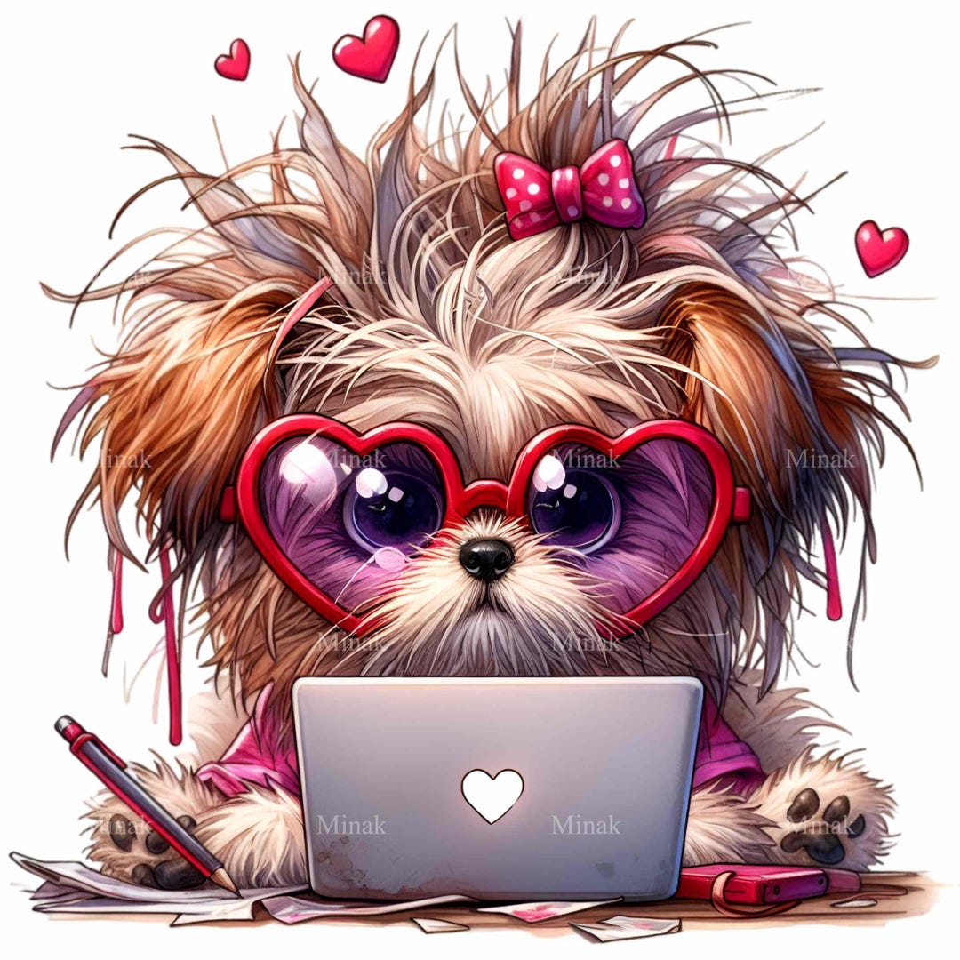 Puppy With Laptop PNG Clipart - 12 Cute Dog in Heart Glasses and Pink ...