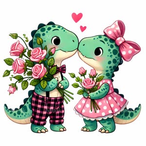 10 Romantic Dinosaur Couple PNG Clipart, Cute Dino With Roses Digital ...