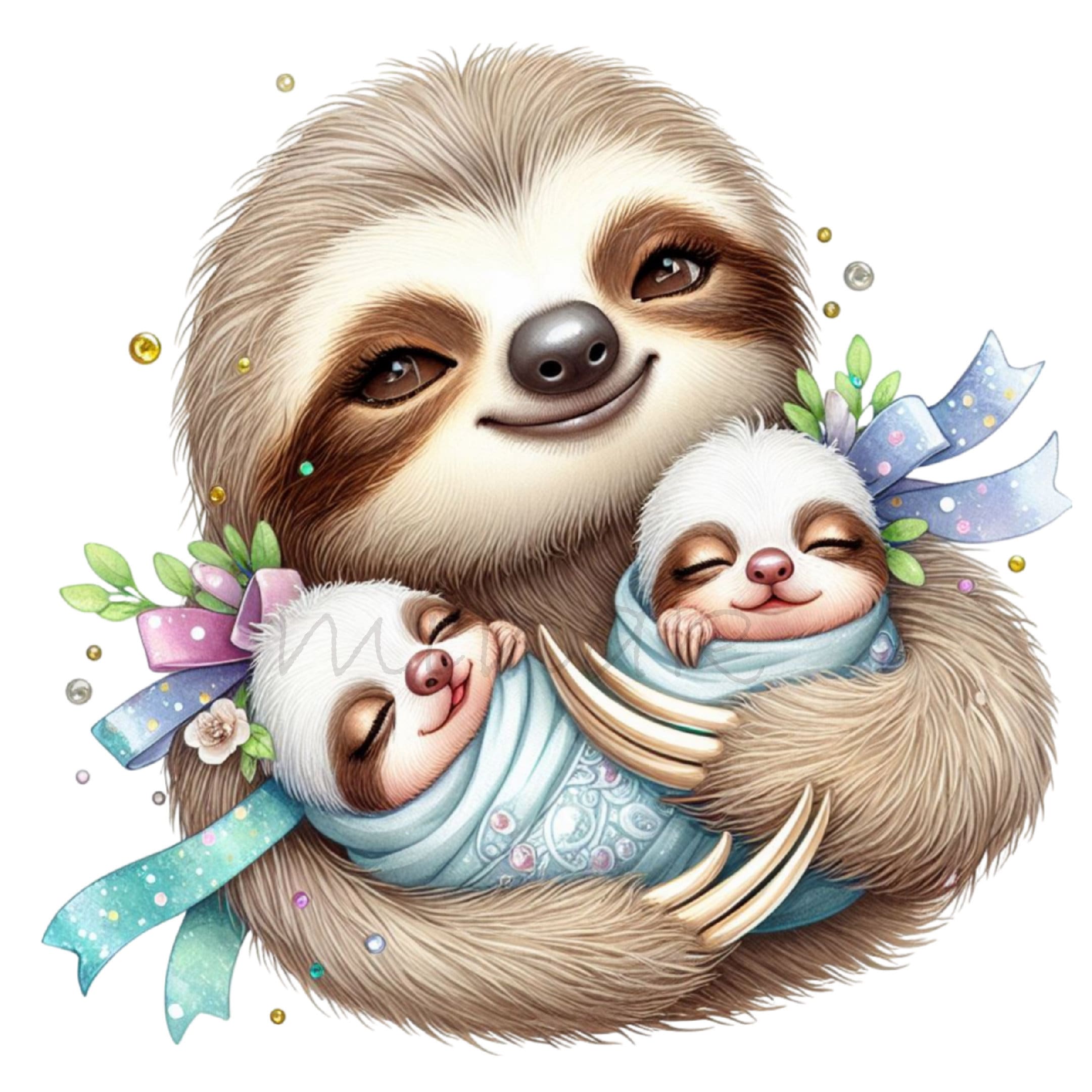 12 PNG Sloth Family Clipart – Mom and Babies Art With Flowers and Bows ...