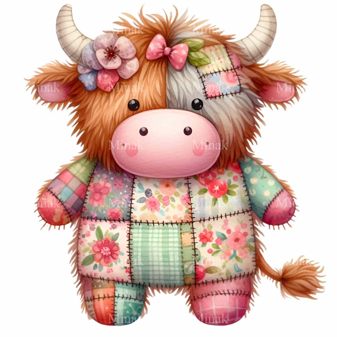 Patchwork Highland Cow PNG Clipart | 10 Cute Quilted Cow Illustration ...