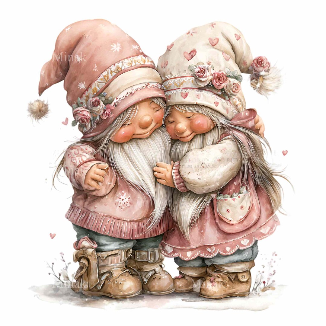 15 PNG Gnome Couple Clipart, Watercolor Love Gnomes Hugging Hearts ...