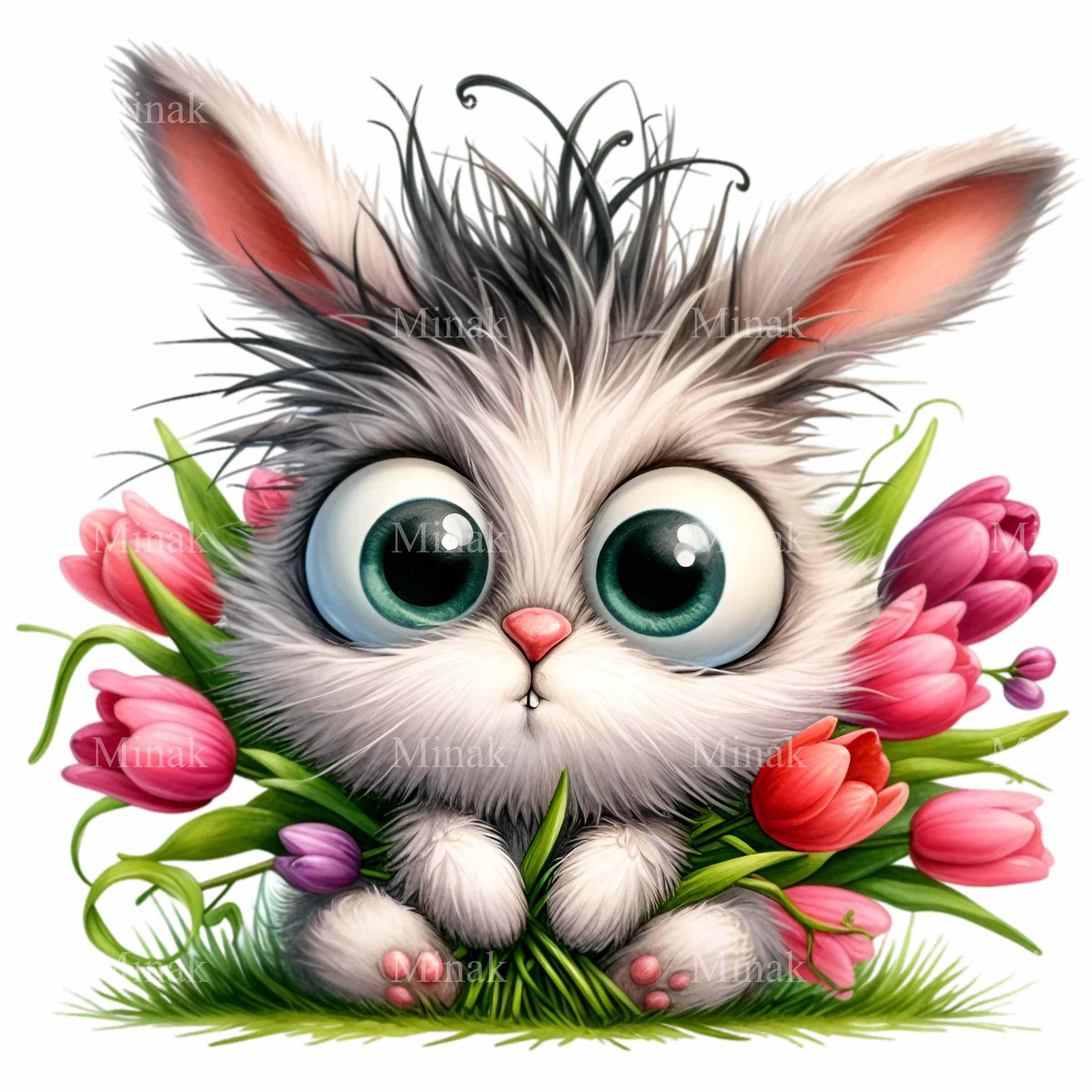 12 PNG Spring Bunny Clipart – Cute Fluffy Rabbit With Tulips – Easter ...