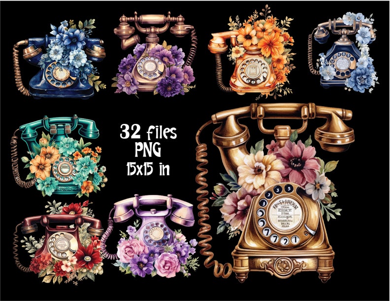 Watercolor Telephone Clipart PNG Antique Floral Retro Phone - Etsy