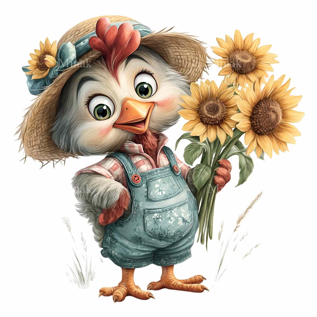 16 PNG Chicken Clipart Watercolor, Sunflower Hen Farmer Hat Overalls ...