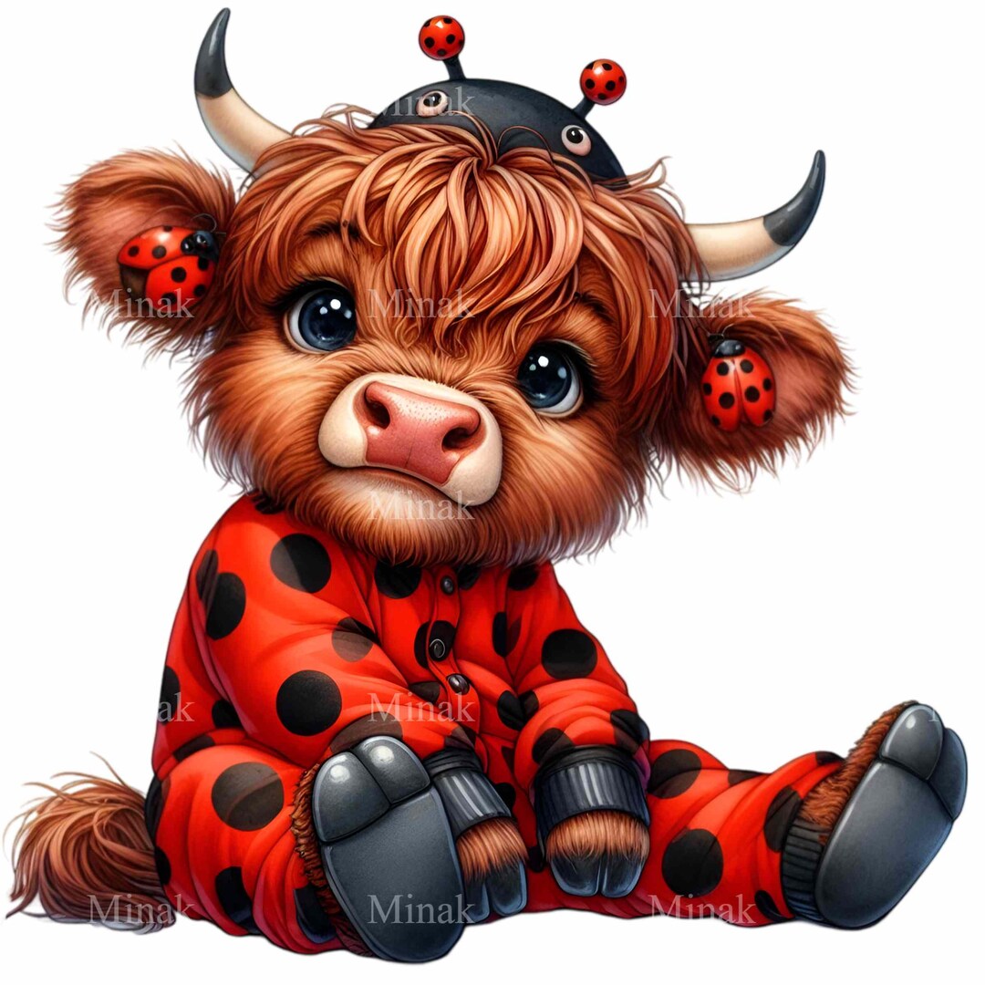 Cow PNG Clipart in Ladybug Outfit With Fluffy Hair and Ladybugs, 12 PNG ...