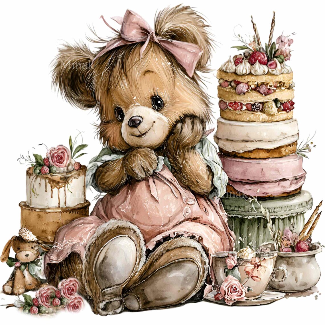 10 PNG Birthday Bear Clipart – Girl Animal, Cake Party Decor (digital ...