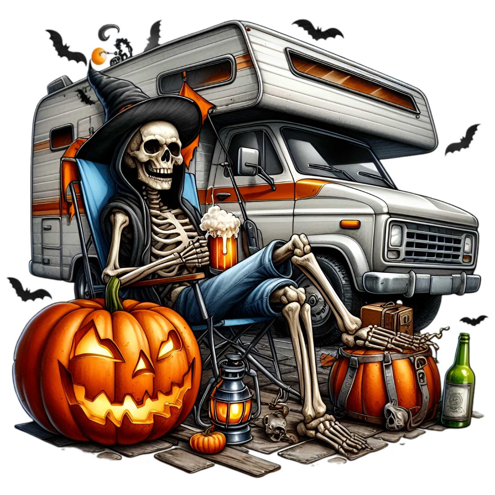 Spooky Skeleton Camper Clipart PNG 12 Halloween Road Trip With Pumpkin ...