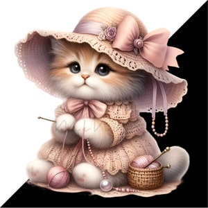 12 Cute Cat PNG Clipart Crocheting With Yarn Balls, Kitty in Hat and ...