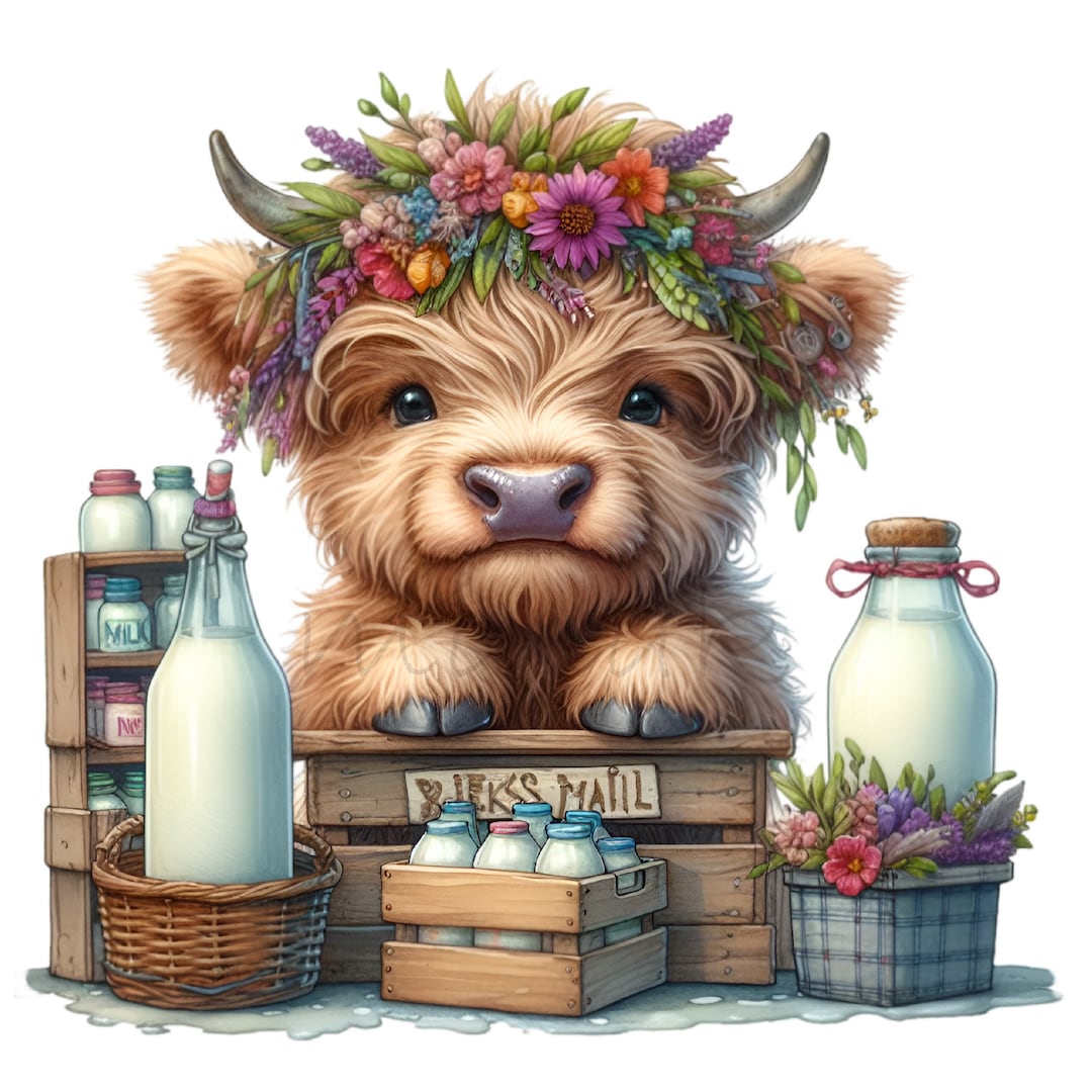 Highland Cow Flower Crown Clipart, 14 Cute Baby Cow PNG, Milk Stand ...