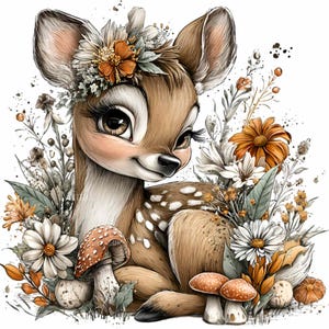10 PNG Floral Deer Clipart – Cute Baby Fawn – Woodland Animal Art With ...
